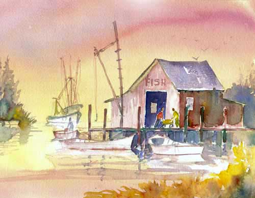Fish House Reflections - Watercolor Painting and Coastal Fine Art Prints